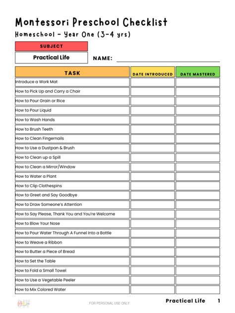 Year One Homeschool Montessori Preschool Checklist Pdf