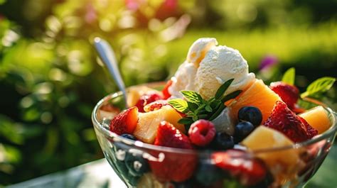 Premium Photo Fresh Fruit Salad And Ice Cream On The Background Of Nature