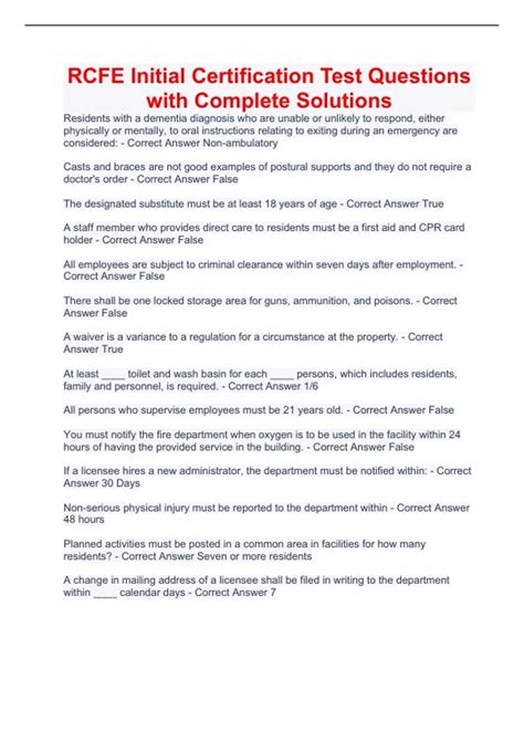 RCFE Initial Certification Test Questions With Complete Solutions Rcfe Stuvia US