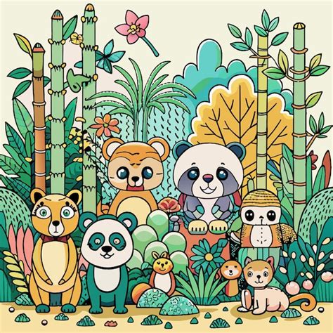 Um Desenho De Um Grupo De Animais Incluindo Pandas E Outros Animais
