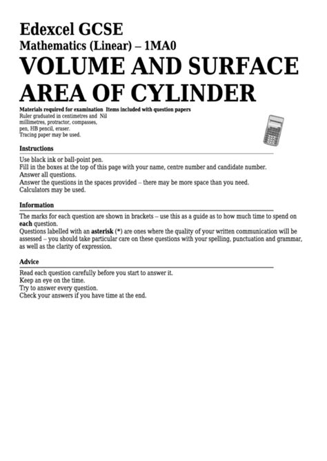 Edexcel Gcse Mathematics Linear Volume And Surface Area Of Cylinder Printable Pdf Download