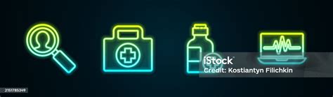 세트 라인 의료 분석 구급 상자 약 시럽 병 및 심장 조영 기능이 있는 노트북 빛나는 네온 아이콘입니다 벡터 0명에 대한 스톡 벡터 아트 및 기타 이미지 Istock