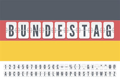 유럽의 목적지까지 비행 정보가있는 기계식 흰색 공항 플립 보드 글꼴 독일 국기 배경의 벡터 일러스트 레이 션 검은색에 대한 스톡