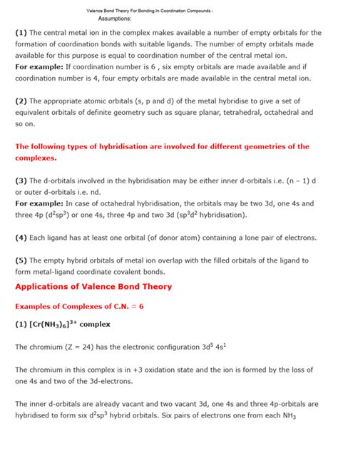 Valence Bond Theory For Bonding In Coordination Compounds Chemistry