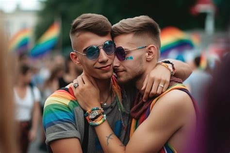 Premium Ai Image Two Gay Lovers Hugging On Lgbt Parade