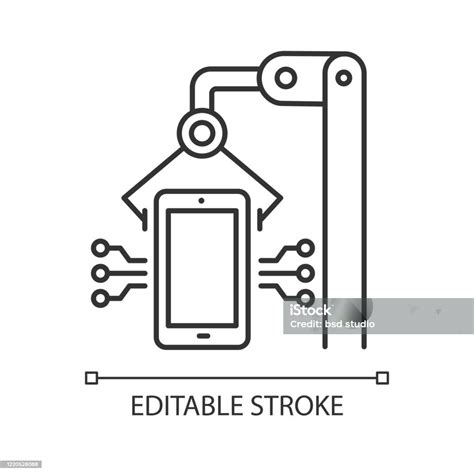 전자 산업 선형 아이콘입니다 스마트폰 및 태블릿 생산 전자 장치 하드웨어 수리 가는 선 그림입니다 등고선 기호입니다 벡터 절연 윤곽선 도면 편집 가능한 스트로크 제조에 대한