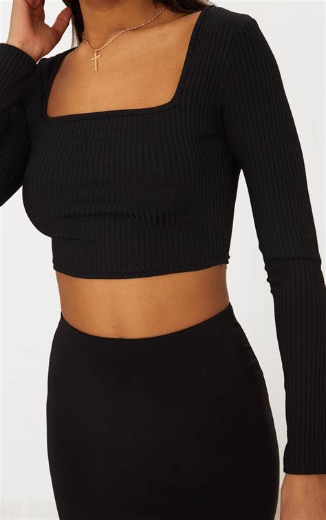 Black Rib Square Neck Long Sleeve Crop Top Prettylittlething