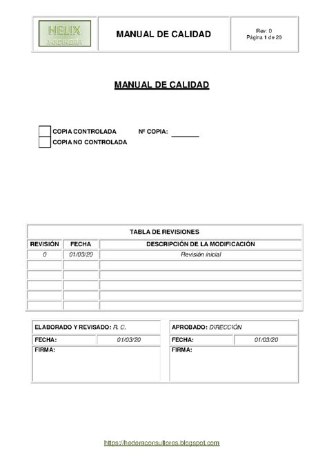 Ejemplo Manual De Calidad Iso 9001 1 Manual De Calidad Página 1 De 20