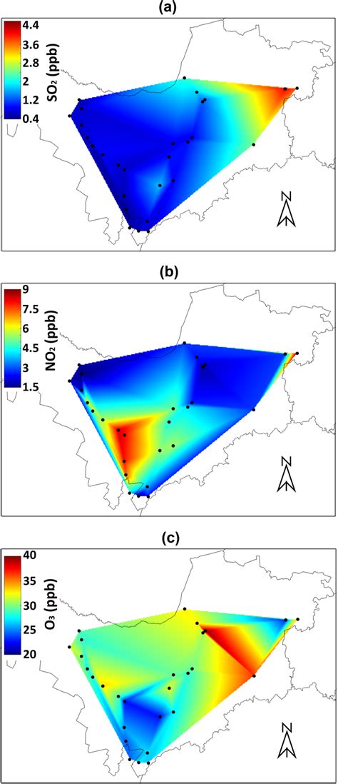 spatially interpolated average so 2 a no 2 b and o 3 c download scientific diagram