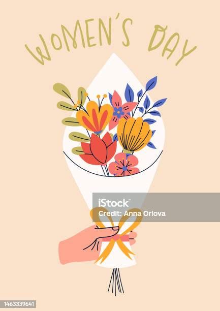 3월 8일 세계 여성의 날 인사말 카드 또는 엽서 템플릿에는 카드 포스터 전단지에 대 한 꽃다발이 있습니다 소녀의 힘 페미니즘 자매애 개념 1960 1969 년에 대한 스톡