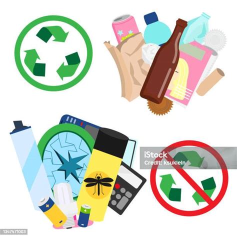 재활용 및 재활용 이 불가능한 폐기물 재활용 표지판이 있는 쓰레기 와 쓰레기의 종류 0명에 대한 스톡 벡터 아트 및 기타 이미지