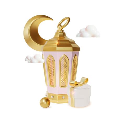 3d Ramadan Kareem Concept With Metal Crescent Moon And Islamic Lantern