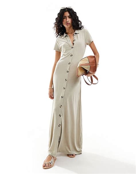 Asos Design Collared Linen Look Maxi Tea Dress With Button Front In