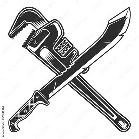 Machete With Plumbing Wrench Construction Spanner Icon Sharp Knife Melee Weapon Of Hunter In