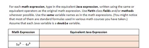 solved for each math expression type in the equivalent java