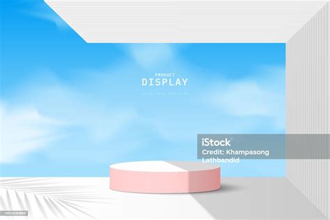 미니멀한 스카이 스튜디오 룸 장면 구름과 푸른 하늘 배경 구조 야자수 잎 그림자가 있는 분홍색 3d 실린더 연단 받침대 현대 3d 벡터 기하학적 형태 디자인입니다 쇼 화장품