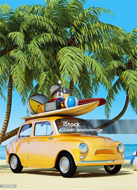 여름 휴가를위한 준비 수하물 및 해변 장비 작은 복고풍 자동차 3d 렌더링 3d 그림 차에 대한 스톡 사진 및 기타 이미지