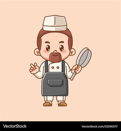 Cute Chef Cook Hold Pan Food Kawaii Chibi Vector Image