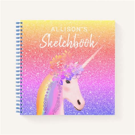 Unicorn Rainbow Glitter Sketchbook Name Script Notebook Zazzle