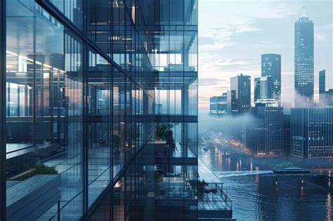 Modern Glass Office Buildings In A Bustling Cityscape Premium Ai