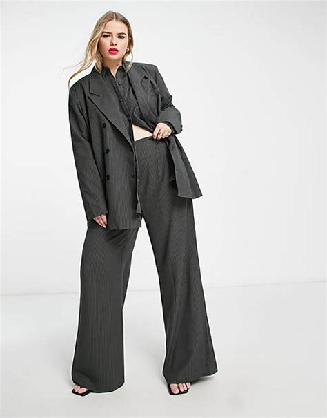 Extro And Vert Plus Super Wide Leg Trousers In Slate Pinstripe Co Ord Asos