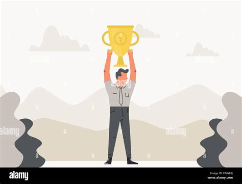 Celebrating Businessman Holding Winner Cup Trophy Over His Head