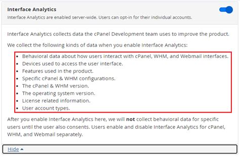 enable disable the cpanel analytics feature at server level