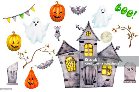 할로윈을 위한 수채화 요소의 큰 집합입니다 카드 초대장 포스터 스티커 디자인을위한 요소 모음 유령의 집 박쥐 무덤 호박 달 화환
