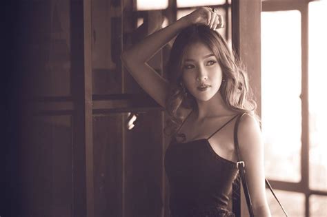 Wallpaper Black Long Hair Asian Sitting Dress Sepia Fashion