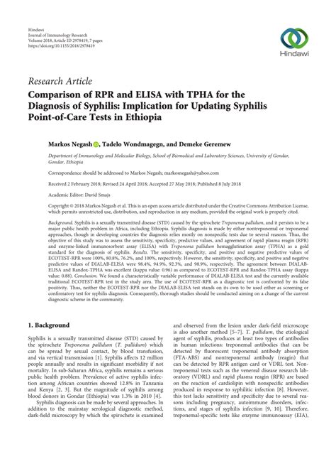 Pdf Comparison Of Rpr And Elisa With Tpha For The Diagnosis Of Syphilis Implication For