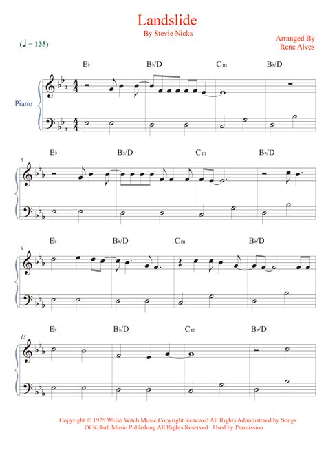Landslide Arr Rene Alves By Dixie Chicks Sheet Music For Easy Piano