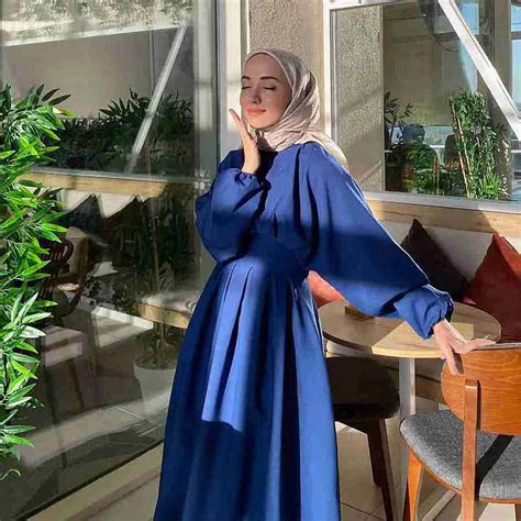Muslim Women Elastic Sleeve Linen Abaya Dress Urgarment
