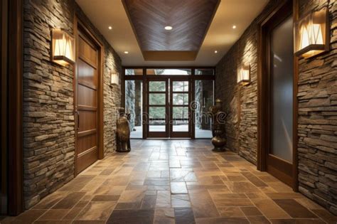 Hallway With Stone Tiled Floor And Wooden Lining Paneling Walls Home