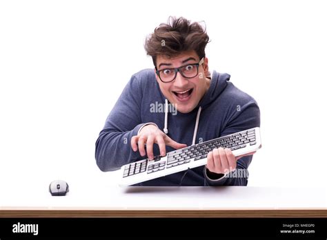 Funny Nerd Man Working On Computer Isolated On White Stock Photo Alamy
