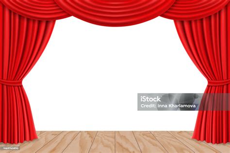극장 또는 오페라 장면 배경 콘서트 그랜드 오프닝 또는 영화 초연을 위한 나무 바닥과 빨간색 커튼이 있는 무대 의식 공연을 위한 포르티에르 커튼 현실적인 3d 벡터 디자인