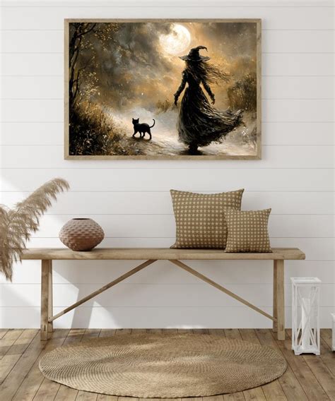 Whimsical Witch Walking Cat Printable Maximalist Halloween Wall Art