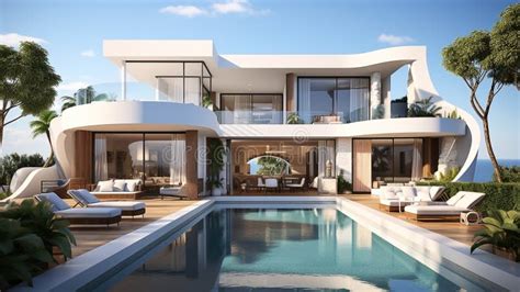 Luxury Modern White Home With A Swimming Pool Angular Walls And Landscaped Garden With Palm