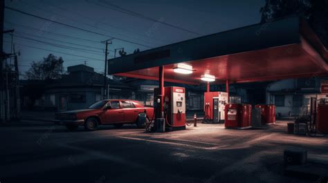 Car At An Empty Gas Station At Night Background American Gas Station