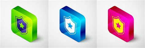 아이소 메트릭 경찰 배지 아이콘은 회색 배경에 격리되어 있습니다 보안관 배지 표시 별 기호가 있는 방패 사각형 버튼 벡터 3차원 형태에 대한 스톡 벡터 아트 및 기타 이미지
