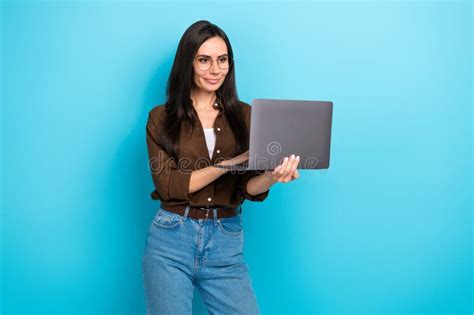 Photo Of Clever Confident Girl Dressed Brown Shirt Eyewear Texting