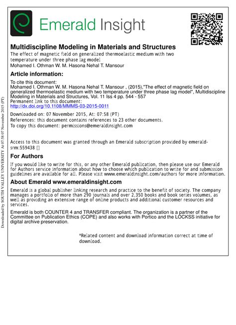 Pdf The Effect Of Magnetic Field On Generalized Thermoelastic Medium With Two Temperature