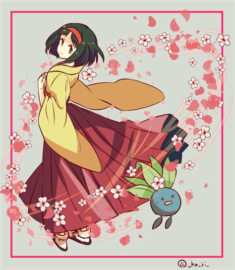 Safebooru 1girl Black Hair Erika Pokemon Flower Full Body Hairband