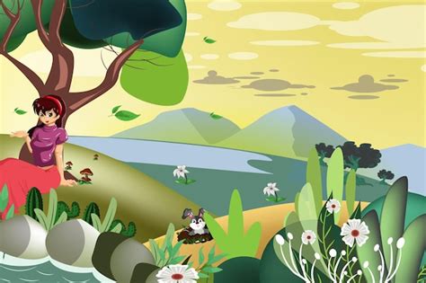 Premium Vector Beautiful Girl Taking Shade In A Tree With Nature Background Flat Illustration