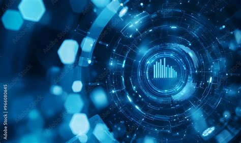 abstract blue and white digital data interface with a bar graph icon in