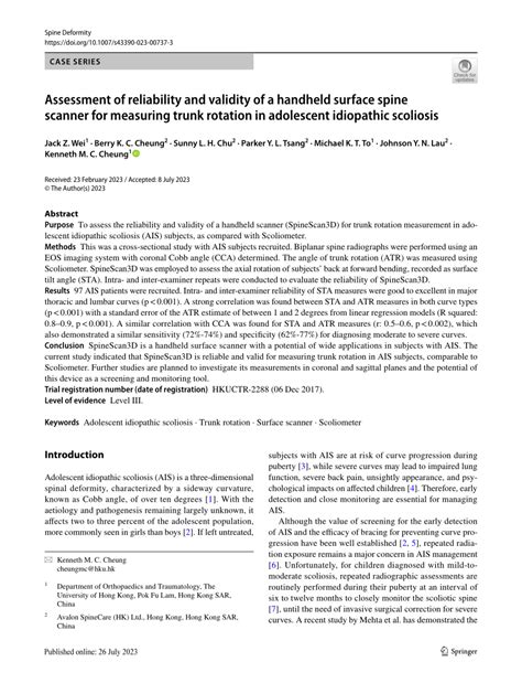 Pdf Assessment Of Reliability And Validity Of A Handheld Surface Spine Scanner For Measuring