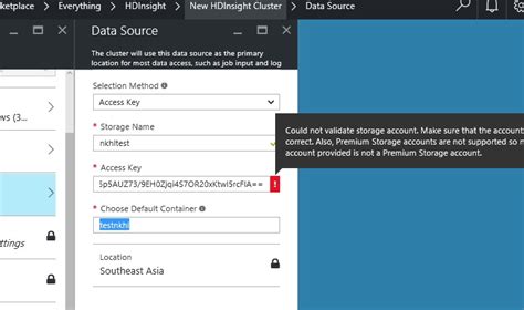 Azure Hdinsight Selection Method Not Accepting Storage Account