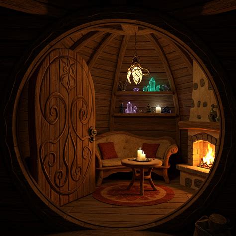 Cozy Hobbit Hole Interior With Fireplace Crystals And Magical