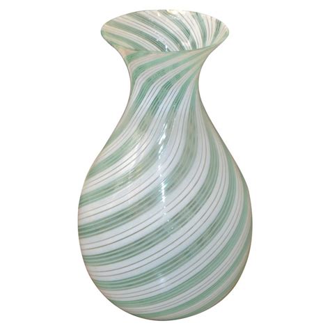 Venini Mid Century Modern Blown Murano Glass Vase White Mint Green