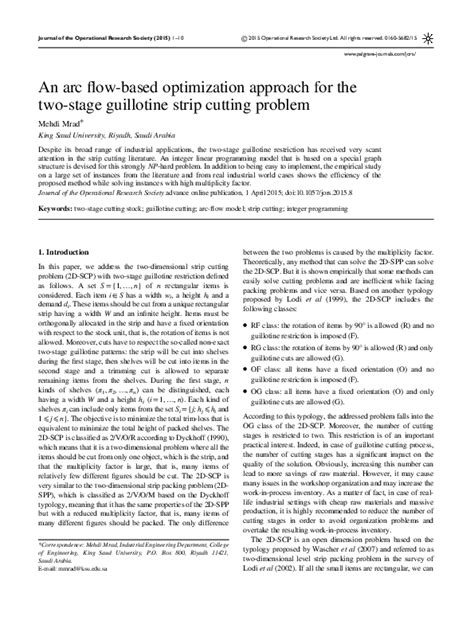 Pdf An Arc Flow Based Optimization Approach For The Two Stage Guillotine Strip Cutting Problem