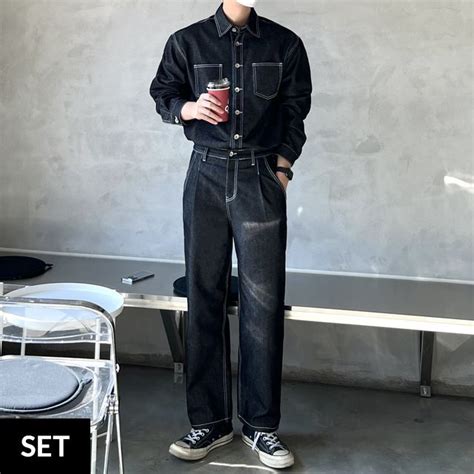 큐쓰 He 스티치 데님 셋업 청자켓 셔츠 청바지 코디 세트 상의하의 Set 위시버킷
